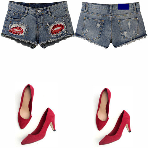 Stitching Gems Lip Hole Denim Shorts on Luulla